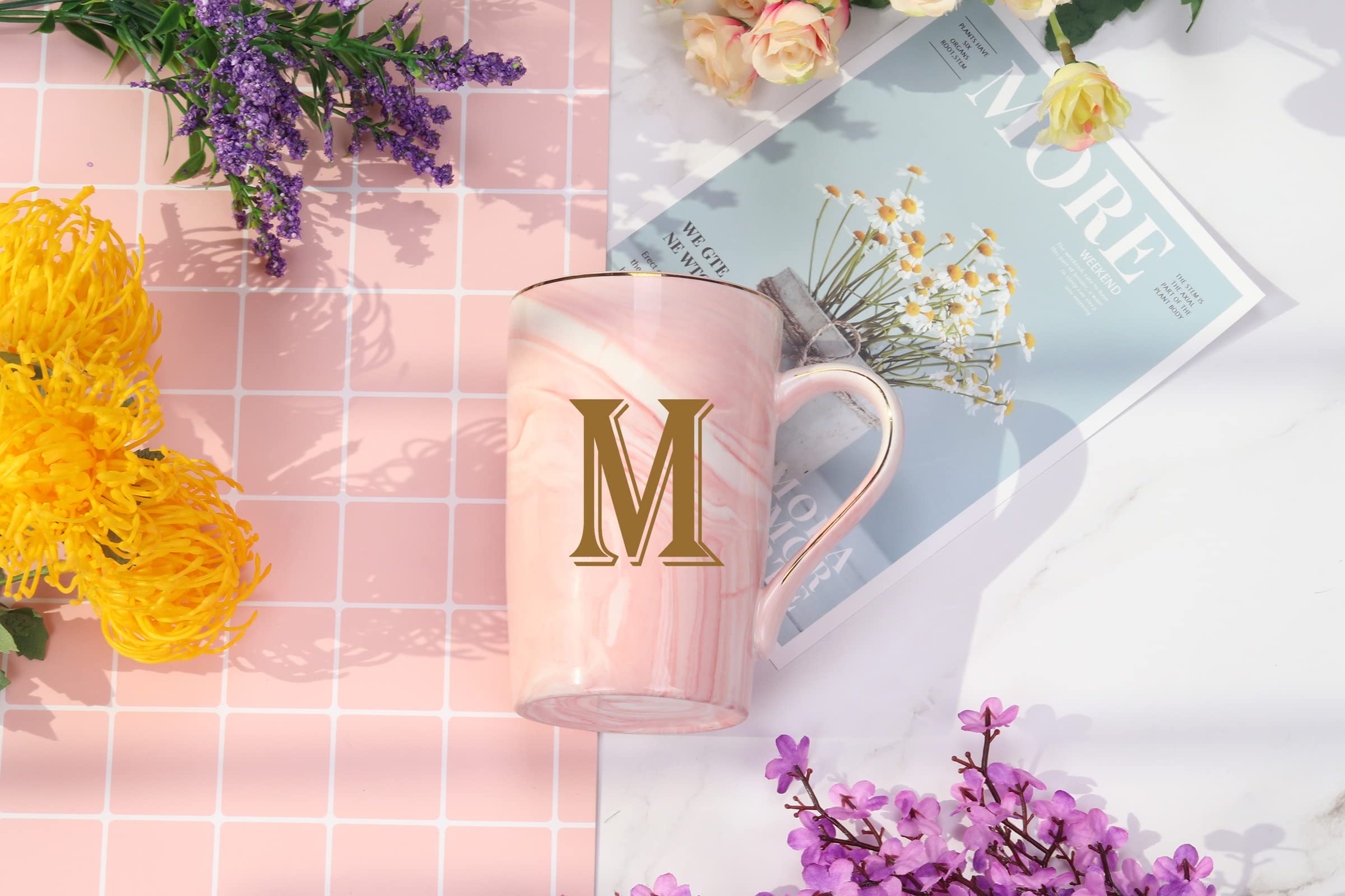 Letter M Personalized Initial Mug, Letter M Personalized Marble Coffee Mug, Letter Coffee Mugs for Women, Bridal Shower Gifts, Man and Women's Initials Gifts Mug 14 Ounce Pink with Gift Box