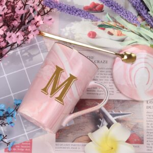 Letter M Personalized Initial Mug, Letter M Personalized Marble Coffee Mug, Letter Coffee Mugs for Women, Bridal Shower Gifts, Man and Women's Initials Gifts Mug 14 Ounce Pink with Gift Box