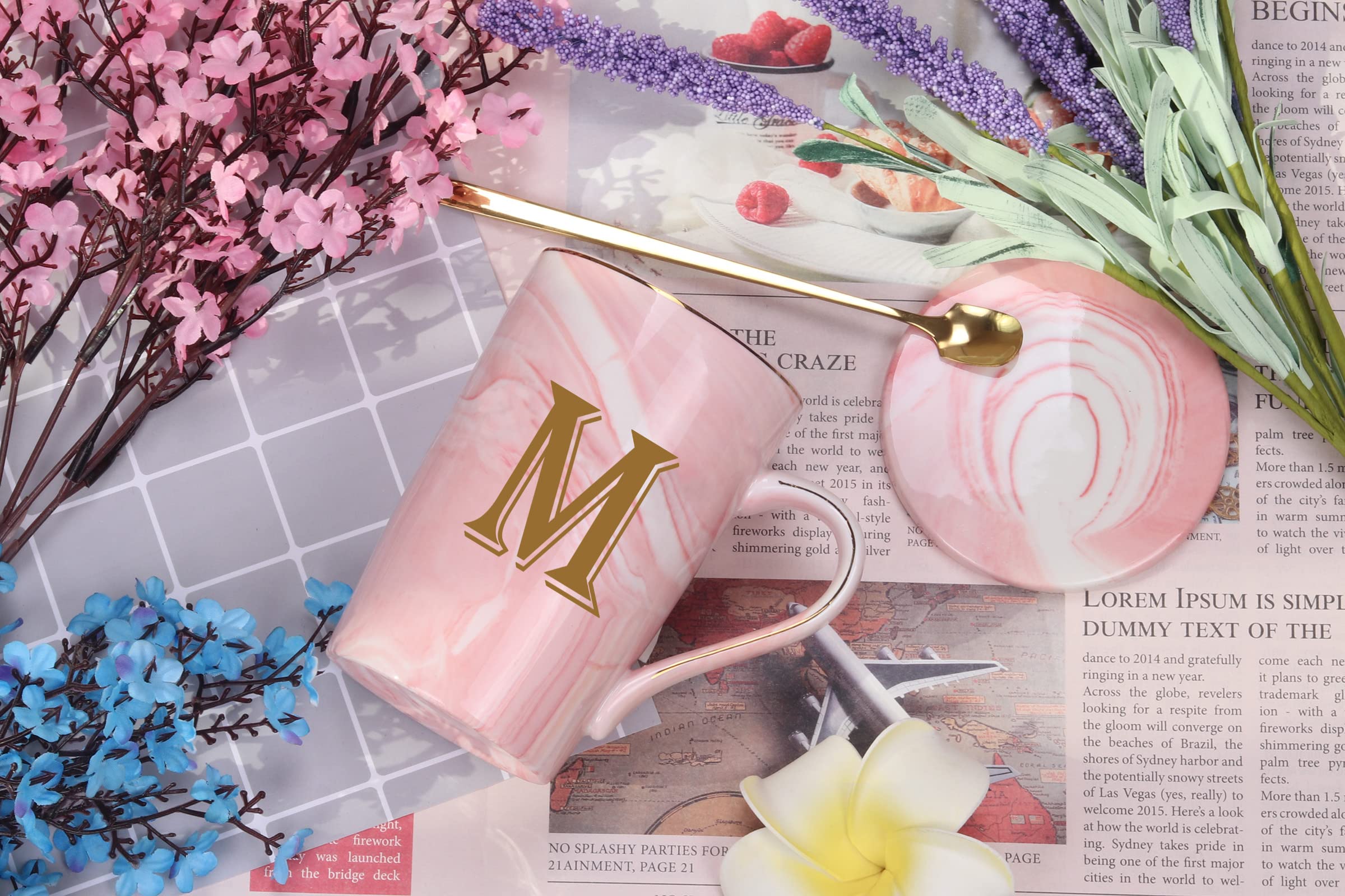 Letter M Personalized Initial Mug, Letter M Personalized Marble Coffee Mug, Letter Coffee Mugs for Women, Bridal Shower Gifts, Man and Women's Initials Gifts Mug 14 Ounce Pink with Gift Box