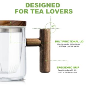 SUSTEAS Tea Cup with Infuser 13.5oz/400ml Glass Tea Mug with Lid - Clear Teacup with Wooden Handle for Tea Steeping at Home and Office, Housewarming & Birthday Gift