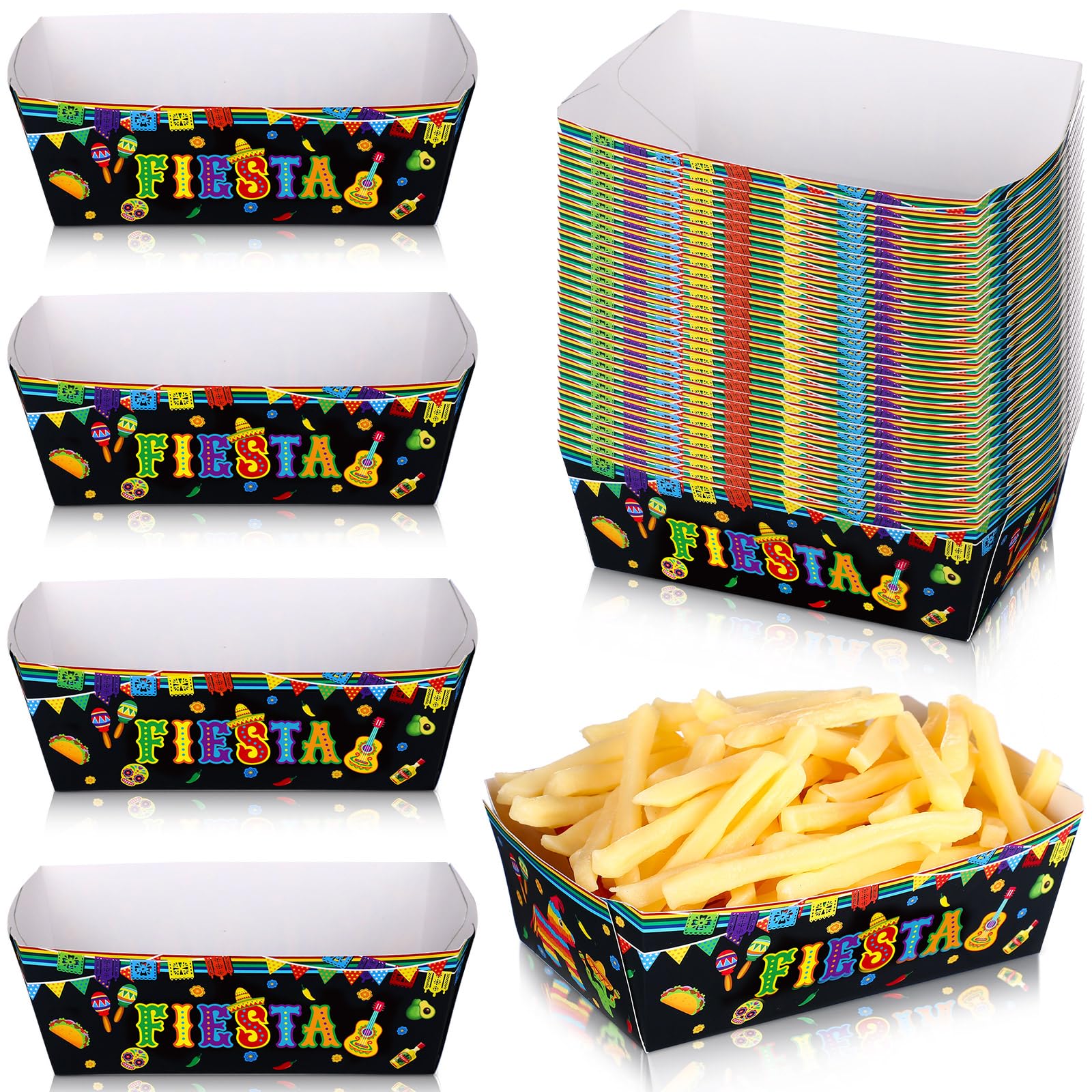 50 Pieces Fiesta Snack Trays Party Supplies Cinco De Mayo Nacho Paper Food Trays Mexican Theme Decorations Day of The Dead Popcorn Paperboard Holder for Mexican Festival Taco Theme Birthday (Guitar)