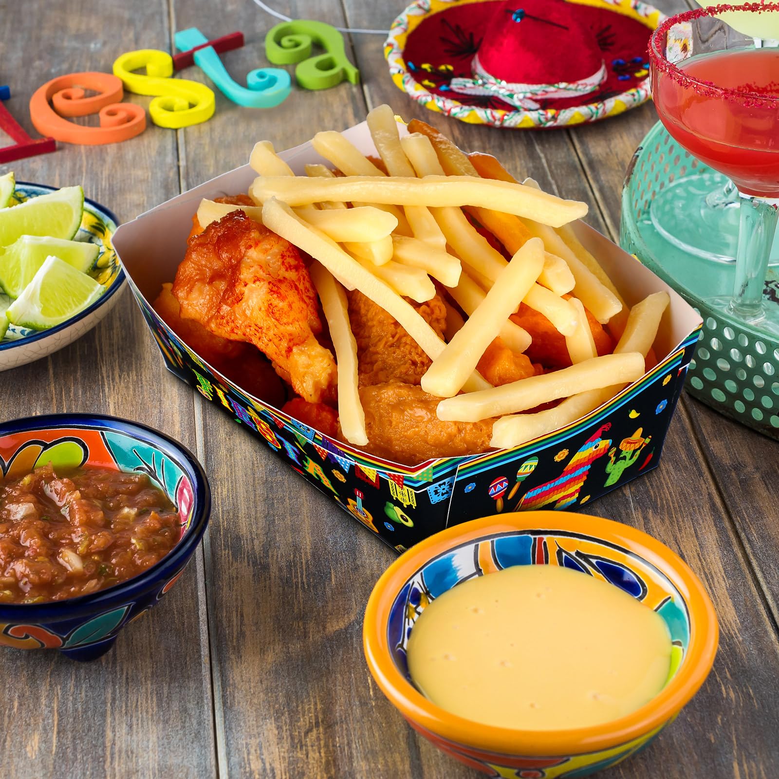 50 Pieces Fiesta Snack Trays Party Supplies Cinco De Mayo Nacho Paper Food Trays Mexican Theme Decorations Day of The Dead Popcorn Paperboard Holder for Mexican Festival Taco Theme Birthday (Guitar)