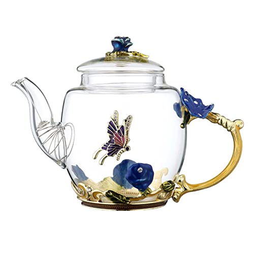 Safe Durable Floral Glass Teapot with Gold Leaves Edge Colourful Flower Pattern Floral Vintage Teapot Tea Party Set (Blue)