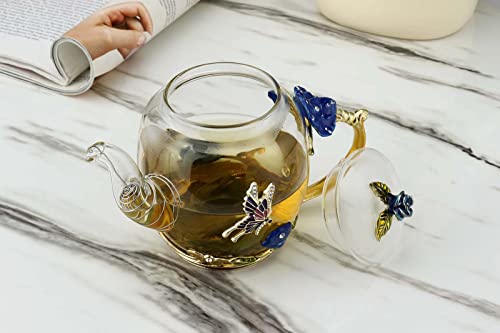 Safe Durable Floral Glass Teapot with Gold Leaves Edge Colourful Flower Pattern Floral Vintage Teapot Tea Party Set (Blue)