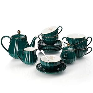 amazingware porcelain tea set - tea cup and saucer set service for 6, with 28 ounces teapot sugar bowl cream pitcher teaspoons and tea strainer - for thanksgiving - pumpkin fluted shape, dark green