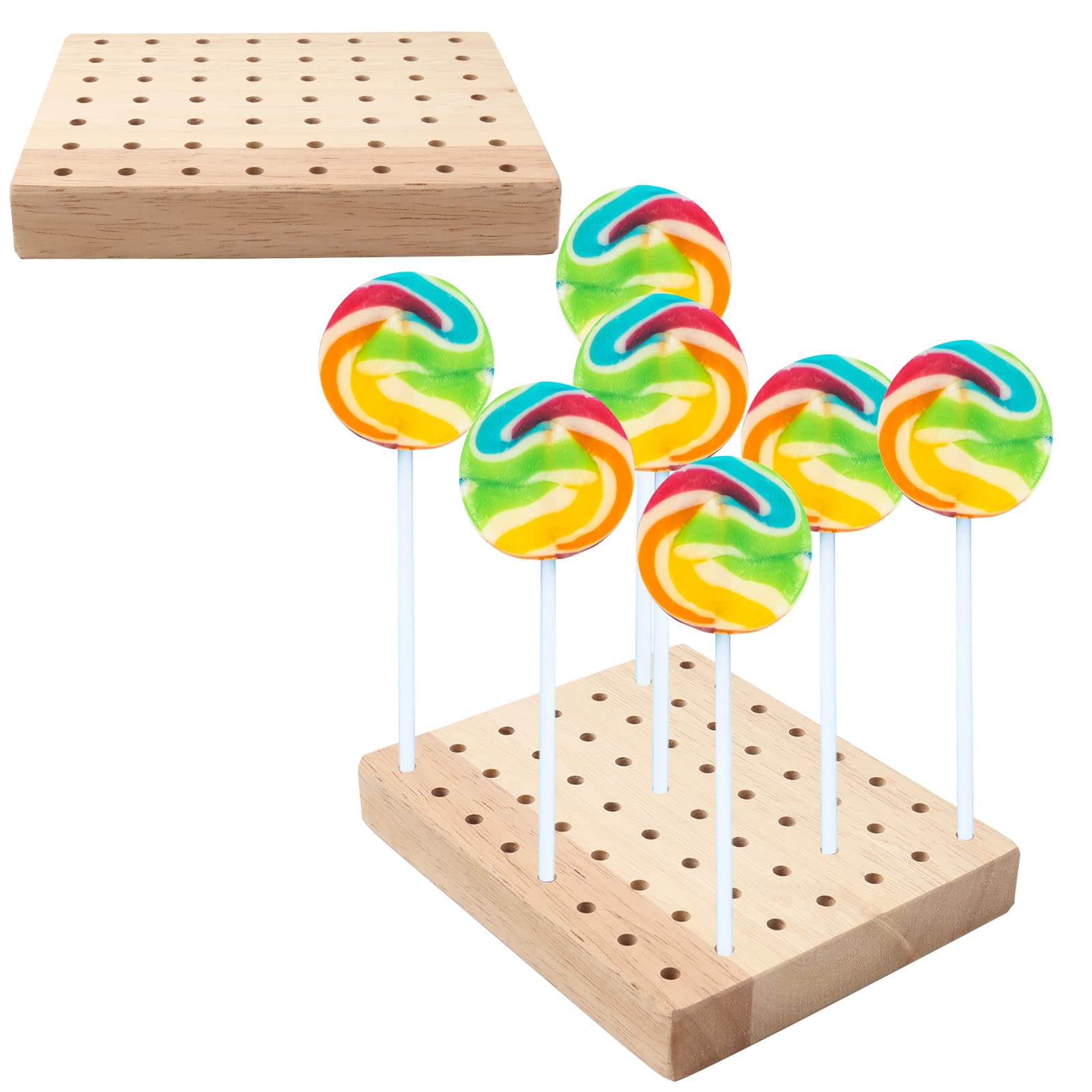 Qfeley 2 Pack Wooden Cake Pop Stand Display 56 Holes Wood Lollipop Holder Stand Decorative Candy or Sucker Stand for Dessert Table of Wedding,Birthday Party,Baby Showers,Fit 4mm Lollipop Sticks