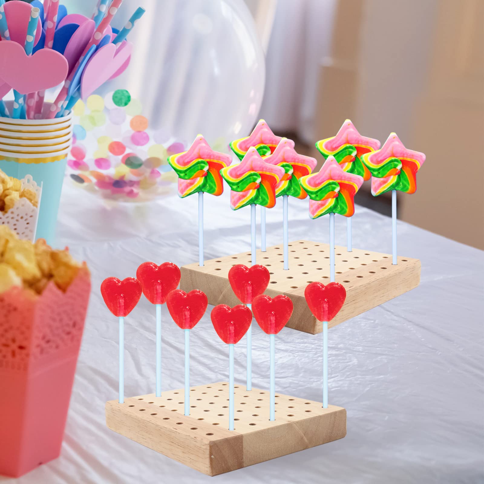 Qfeley 2 Pack Wooden Cake Pop Stand Display 56 Holes Wood Lollipop Holder Stand Decorative Candy or Sucker Stand for Dessert Table of Wedding,Birthday Party,Baby Showers,Fit 4mm Lollipop Sticks