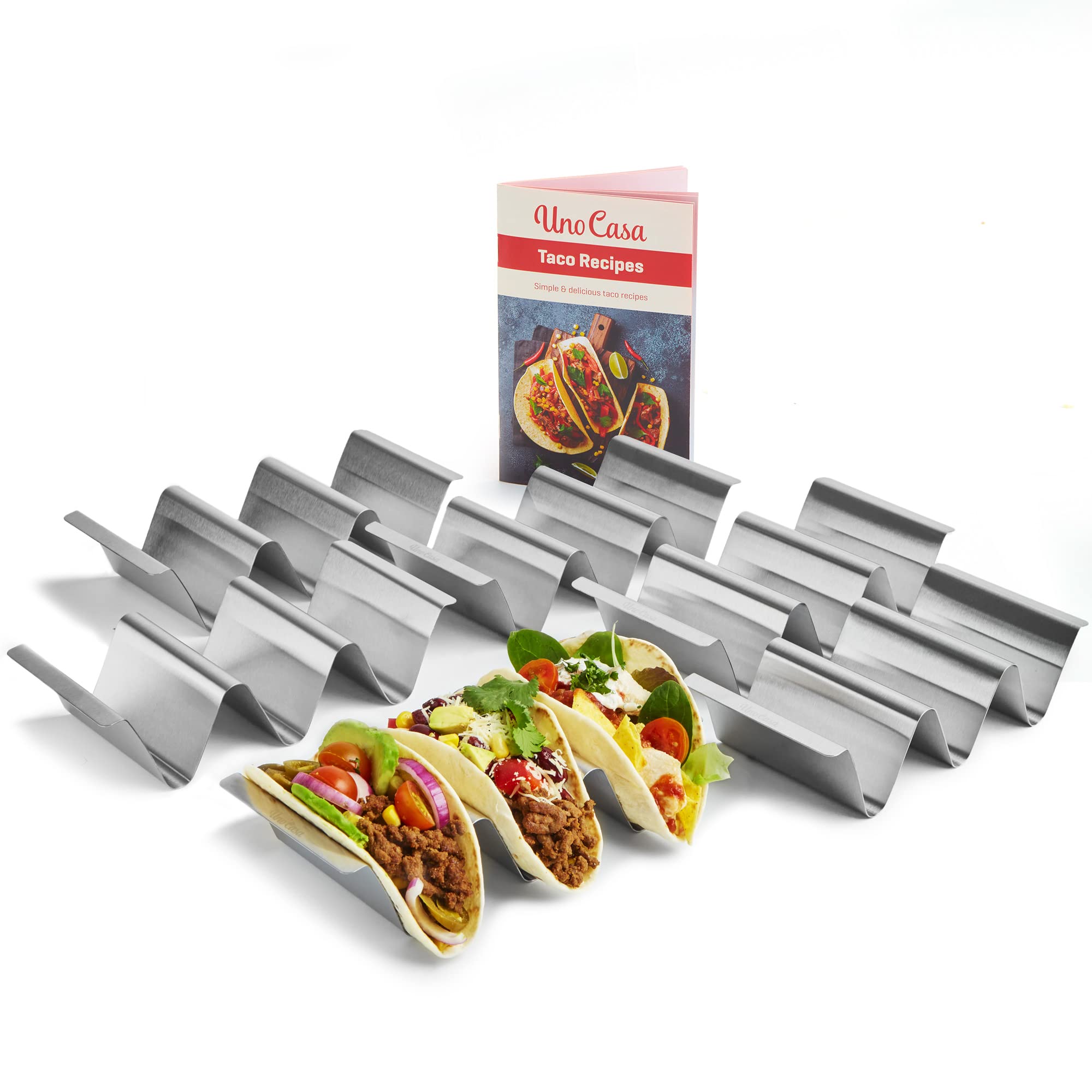 Uno Casa Metal Taco Holder Set of 6 - U-Shaped Taco Holders for Griddle, Durable Taco Holders for Party, Stainless Steel Fun Taco Holders, Dishwasher Safe Taco Holders for Oven - Recipe Book Included