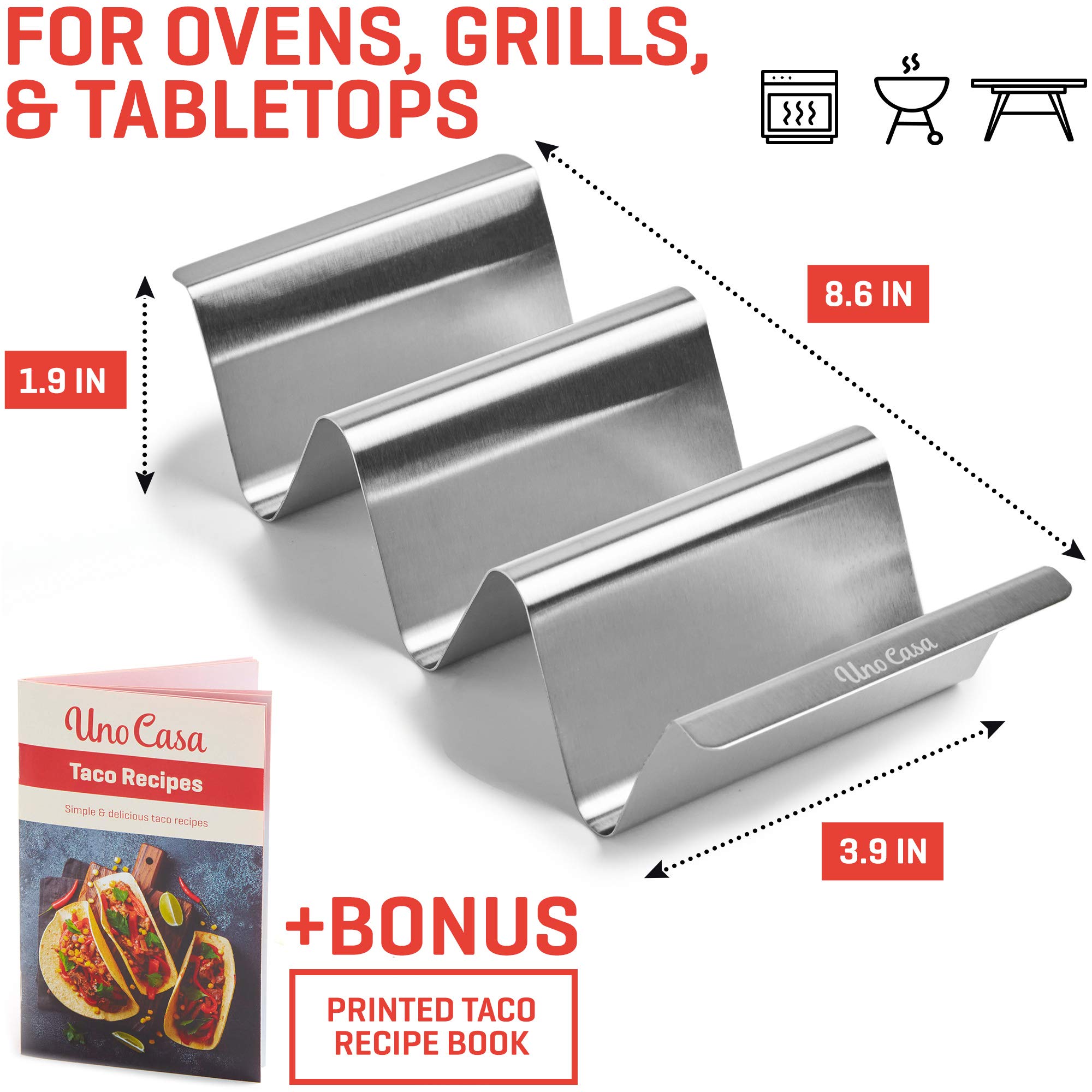 Uno Casa Metal Taco Holder Set of 6 - U-Shaped Taco Holders for Griddle, Durable Taco Holders for Party, Stainless Steel Fun Taco Holders, Dishwasher Safe Taco Holders for Oven - Recipe Book Included