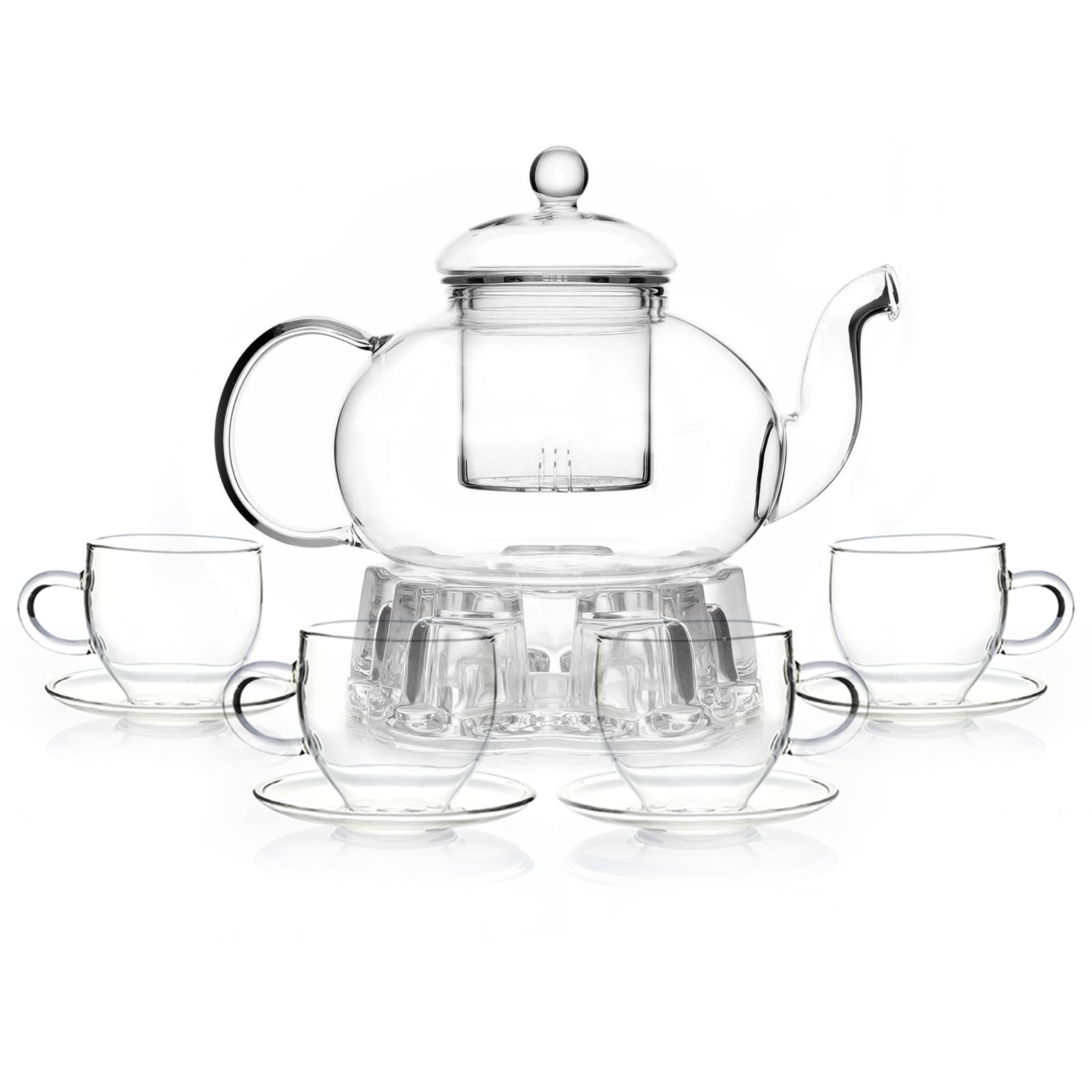 Adorable Full Glass Kettle Teapot Set with Removable Infuser Strainer and 4 Cups and Saucers and Heart Shaped Candle Holder Warmer Heating Base for Tea Blooming Loose Leaf Home Women Gift