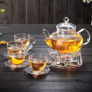 Adorable Full Glass Kettle Teapot Set with Removable Infuser Strainer and 4 Cups and Saucers and Heart Shaped Candle Holder Warmer Heating Base for Tea Blooming Loose Leaf Home Women Gift