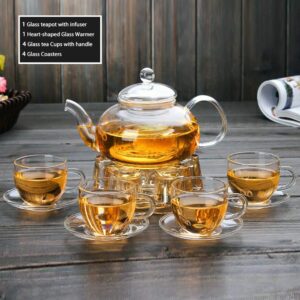 Adorable Full Glass Kettle Teapot Set with Removable Infuser Strainer and 4 Cups and Saucers and Heart Shaped Candle Holder Warmer Heating Base for Tea Blooming Loose Leaf Home Women Gift