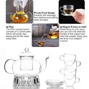 Adorable Full Glass Kettle Teapot Set with Removable Infuser Strainer and 4 Cups and Saucers and Heart Shaped Candle Holder Warmer Heating Base for Tea Blooming Loose Leaf Home Women Gift