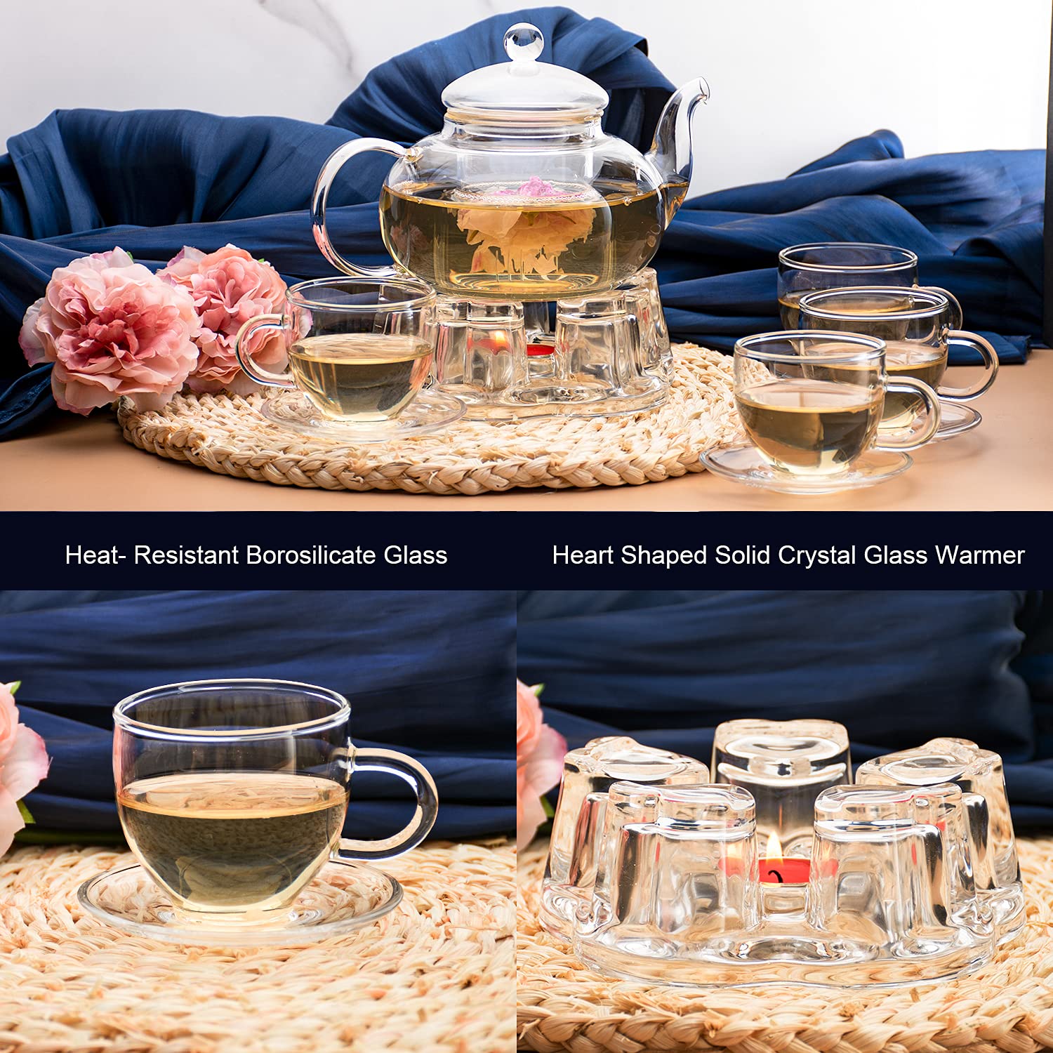 Adorable Full Glass Kettle Teapot Set with Removable Infuser Strainer and 4 Cups and Saucers and Heart Shaped Candle Holder Warmer Heating Base for Tea Blooming Loose Leaf Home Women Gift