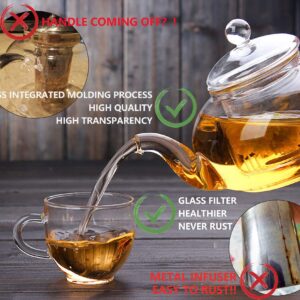 Adorable Full Glass Kettle Teapot Set with Removable Infuser Strainer and 4 Cups and Saucers and Heart Shaped Candle Holder Warmer Heating Base for Tea Blooming Loose Leaf Home Women Gift