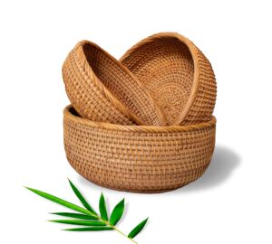 vntruepro rattan basket bread baskets for serving wicker fruit basket, round basket rattan baskets for storage fruit baskets for kitchen counter baskets for serving food bamboo basket (size lms, 3pcs)