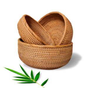 VNTRUEPRO Rattan Basket Bread Baskets For Serving Wicker Fruit Basket, Round Basket Rattan Baskets For Storage Fruit Baskets For Kitchen Counter Baskets For Serving Food Bamboo Basket (Size LMS, 3Pcs)