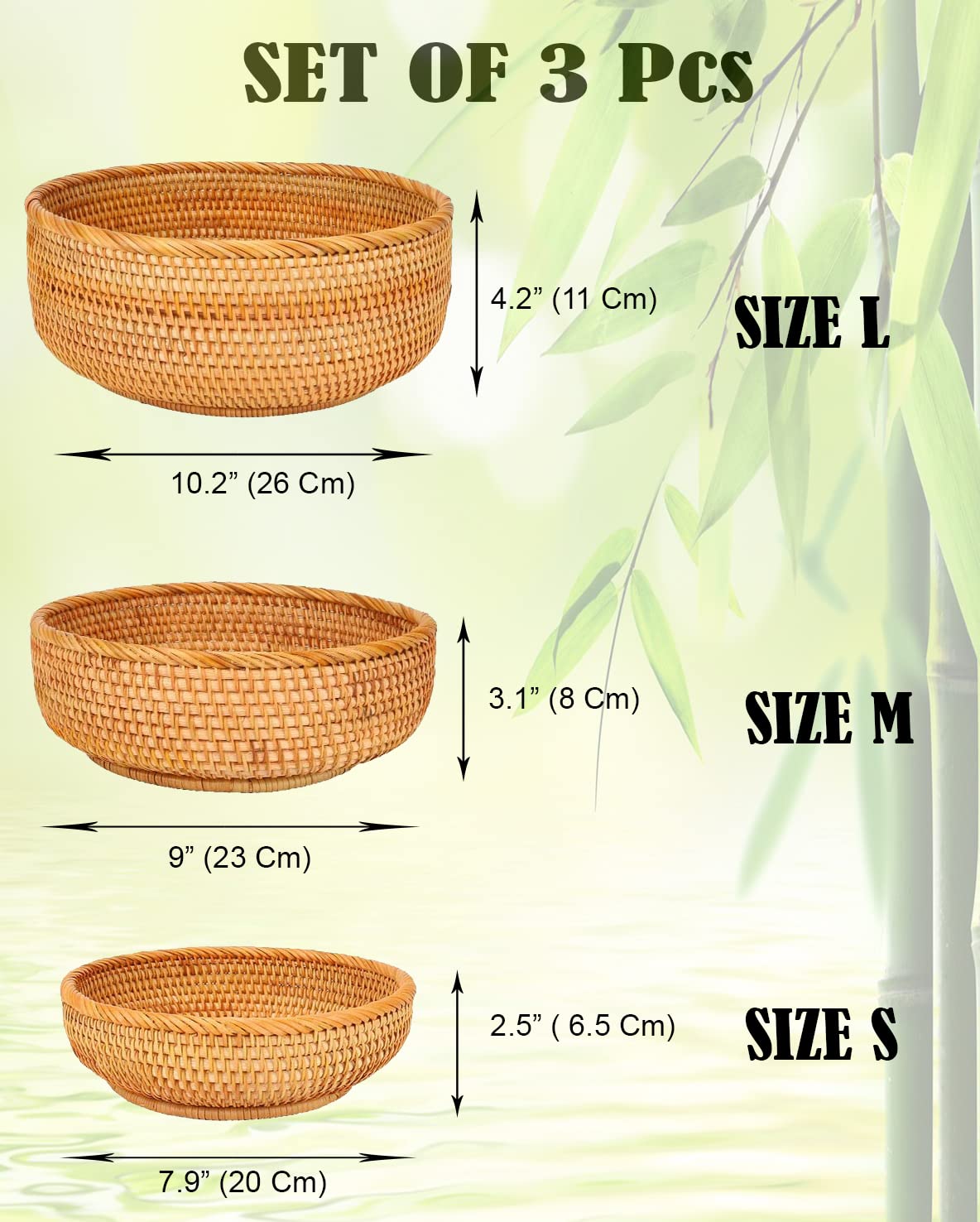 VNTRUEPRO Rattan Basket Bread Baskets For Serving Wicker Fruit Basket, Round Basket Rattan Baskets For Storage Fruit Baskets For Kitchen Counter Baskets For Serving Food Bamboo Basket (Size LMS, 3Pcs)