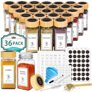 aliggbent spice jars with lable, 36 pcs 4 oz glass spice jars with bamboo lids, spice containers bottles, glass seasoning jars with shaker lids, collapsible funnel, for spice racks, pantry,cupboard