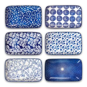 selamica ceramic 9.5 inch large rectangular salad plates, dinner plates, pasta dessert plates serving platters and trays for appetizer, sushi, fruit, set of 6, vintage blue