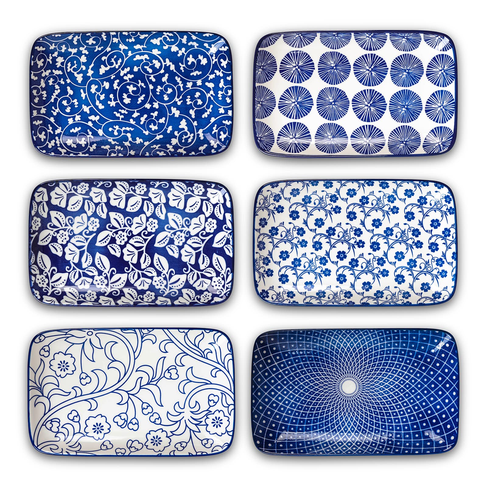 Selamica Ceramic 9.5 Inch Large Rectangular Salad Plates, Dinner Plates, Pasta Dessert Plates Serving Platters and Trays for Appetizer, Sushi, Fruit, Set of 6, Vintage Blue