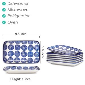 Selamica Ceramic 9.5 Inch Large Rectangular Salad Plates, Dinner Plates, Pasta Dessert Plates Serving Platters and Trays for Appetizer, Sushi, Fruit, Set of 6, Vintage Blue