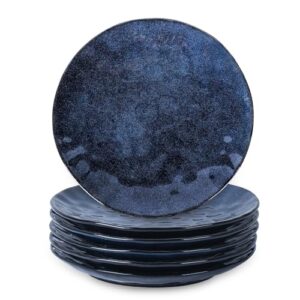 vicrays ceramic dinner plates set, 10.5 inch, set of 6, round, microwave, oven, dishwasher safe, porcelain fluted suitable for steak, pasta, pizza, home, party, restaurant (blue)