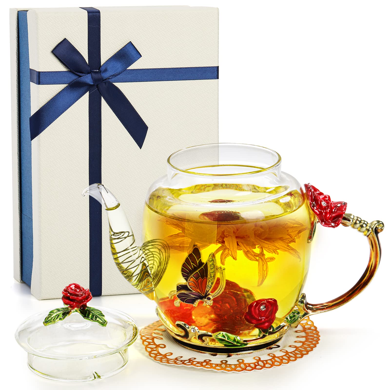 YOUEON 10 Oz Floral Glass Teapot with Rose Flower and Gold Edge, Heat Resistant Enamel Glass Teapot with Gift Box, Clear Teapot with Strainer for Blooming Tea, Loose Leaf Tea, Mothers Day