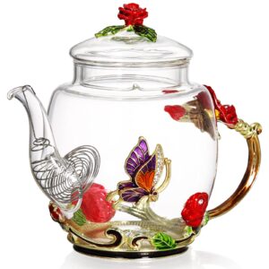 YOUEON 10 Oz Floral Glass Teapot with Rose Flower and Gold Edge, Heat Resistant Enamel Glass Teapot with Gift Box, Clear Teapot with Strainer for Blooming Tea, Loose Leaf Tea, Mothers Day