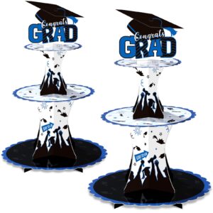 nuenen 2 pieces graduation cupcake stand 3 tier black graduation cupcake holder 2024 congrats grad cupcake holder dessert tower for graduation party decorations supplies favors (blue)