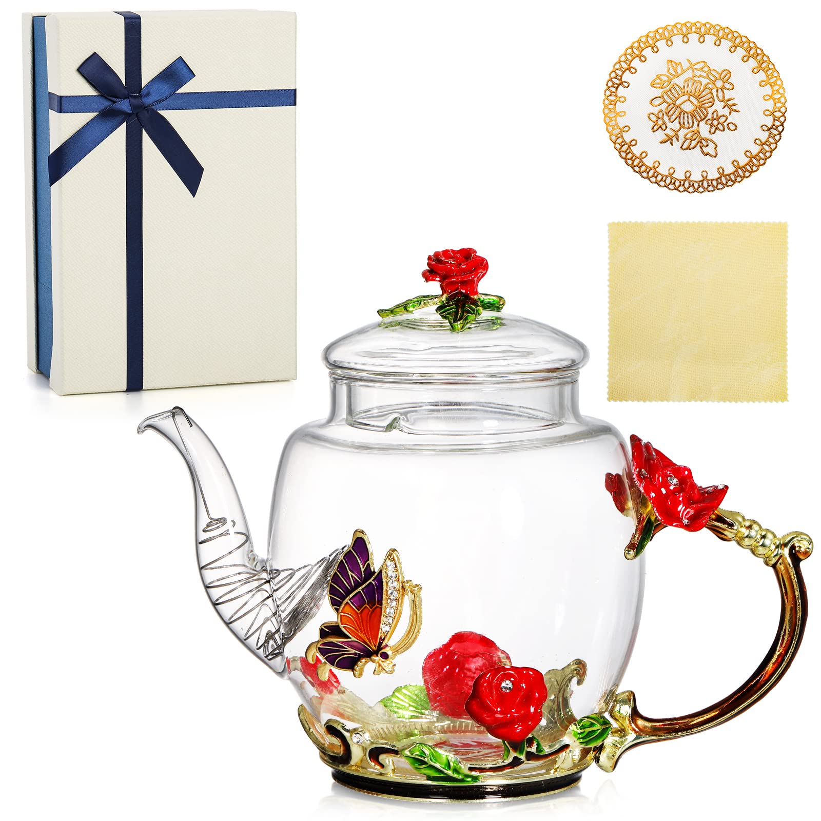 YOUEON 10 Oz Floral Glass Teapot with Rose Flower and Gold Edge, Heat Resistant Enamel Glass Teapot with Gift Box, Clear Teapot with Strainer for Blooming Tea, Loose Leaf Tea, Mothers Day