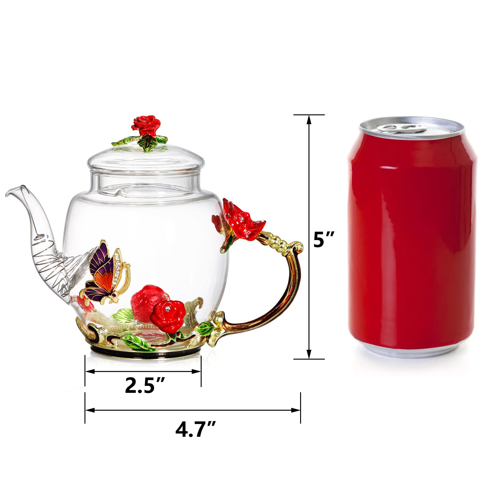 YOUEON 10 Oz Floral Glass Teapot with Rose Flower and Gold Edge, Heat Resistant Enamel Glass Teapot with Gift Box, Clear Teapot with Strainer for Blooming Tea, Loose Leaf Tea, Mothers Day