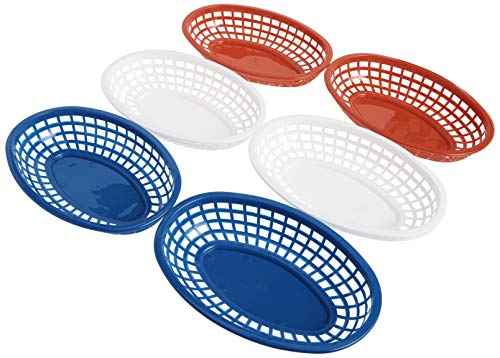 Tablecraft H1074RWB 6 Piece Classic Oval Plastic Baskets, Red/White and Blue