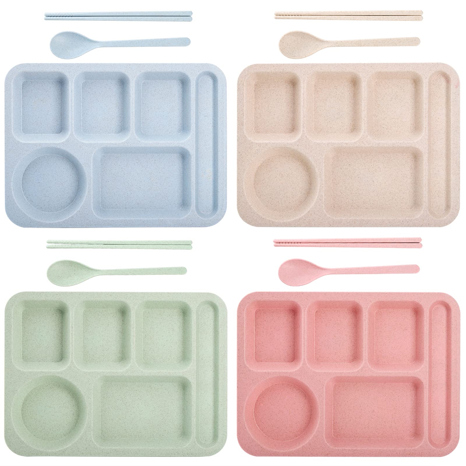 TOPZEA 4 Pack Unbreakable Divided Plates, 6 Compartments Wheat Straw Section Plates Plastic Dinner Plate Sets for Adults, School Lunch Trays, Microwave & Dishwasher Safe,14"x10.5"