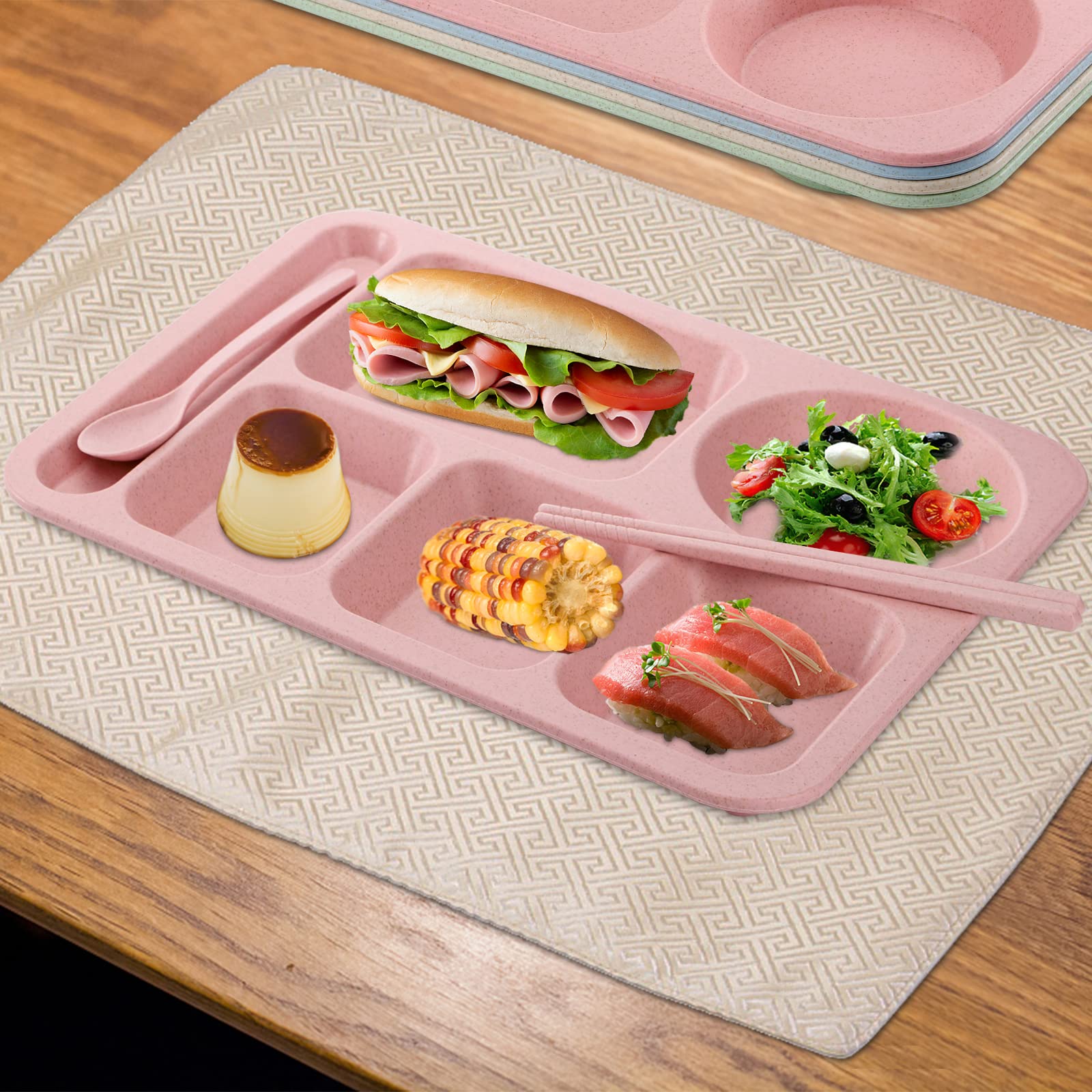 TOPZEA 4 Pack Unbreakable Divided Plates, 6 Compartments Wheat Straw Section Plates Plastic Dinner Plate Sets for Adults, School Lunch Trays, Microwave & Dishwasher Safe,14"x10.5"