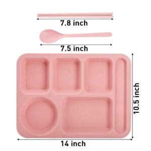 TOPZEA 4 Pack Unbreakable Divided Plates, 6 Compartments Wheat Straw Section Plates Plastic Dinner Plate Sets for Adults, School Lunch Trays, Microwave & Dishwasher Safe,14"x10.5"