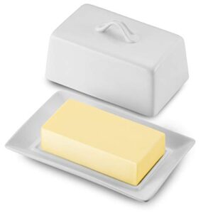 gourmex large butter holder with lid | fits one pound of butter | ideal butter keeper for salted, unsalted and flavored butter in fridge | ceramic white covered butter dish is dishwasher safe