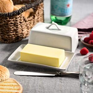 GOURMEX Large Butter Holder with Lid | Fits One Pound of Butter | Ideal Butter Keeper for Salted, Unsalted and Flavored Butter in Fridge | Ceramic White Covered Butter Dish is Dishwasher Safe