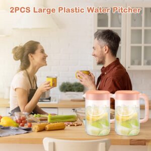 2Pcs Plastic Pitcher with Lid Large Clear Water Carafe Jug Ice Tea Pitcher Lemonade Juice Beverage Jar with Strainer Cover Handle Measurements for Hot Cold Coffee Drink (Pink,1 Gallon/4L)