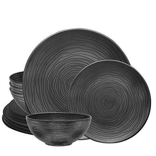 Bzyoo 12 Piece Melamine Dinnerware Set - Durable, Dishwasher Safe Organica Black Plates and Bowls Sets Casual Dish Set for Dining, Outdoor and Kitchen