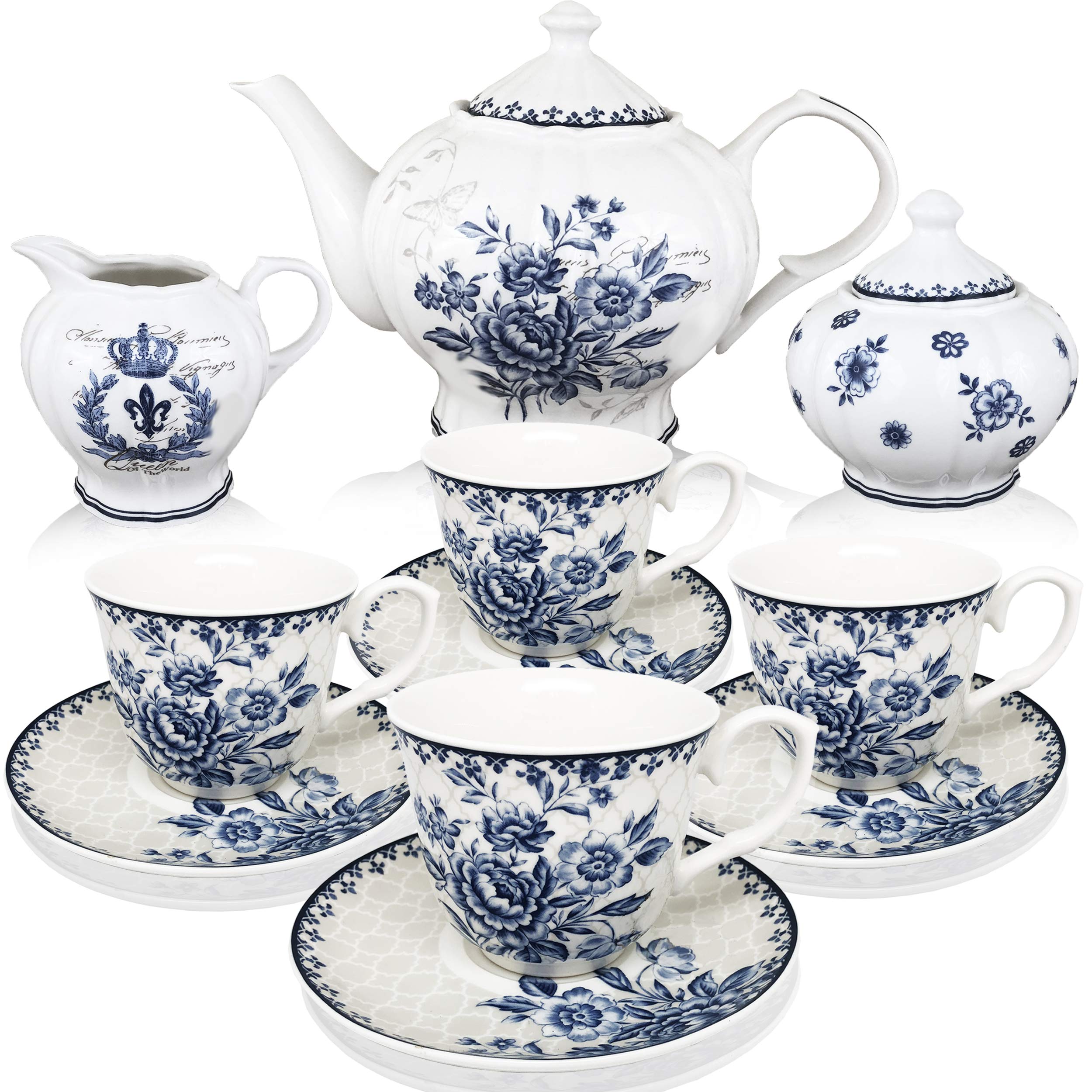 BTaT- Blue Dream Tea Set, Tea cups (8oz), Tea Pot (48oz), Creamer and Sugar Set, Gift box, China Tea Set, Tea Service, Tea Cups and Saucer Set, Tea Set for Adults, Porcelain Tea Set