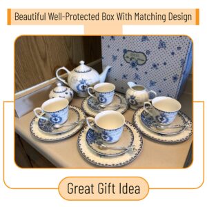 BTaT- Blue Dream Tea Set, Tea cups (8oz), Tea Pot (48oz), Creamer and Sugar Set, Gift box, China Tea Set, Tea Service, Tea Cups and Saucer Set, Tea Set for Adults, Porcelain Tea Set