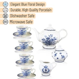 BTaT- Blue Dream Tea Set, Tea cups (8oz), Tea Pot (48oz), Creamer and Sugar Set, Gift box, China Tea Set, Tea Service, Tea Cups and Saucer Set, Tea Set for Adults, Porcelain Tea Set