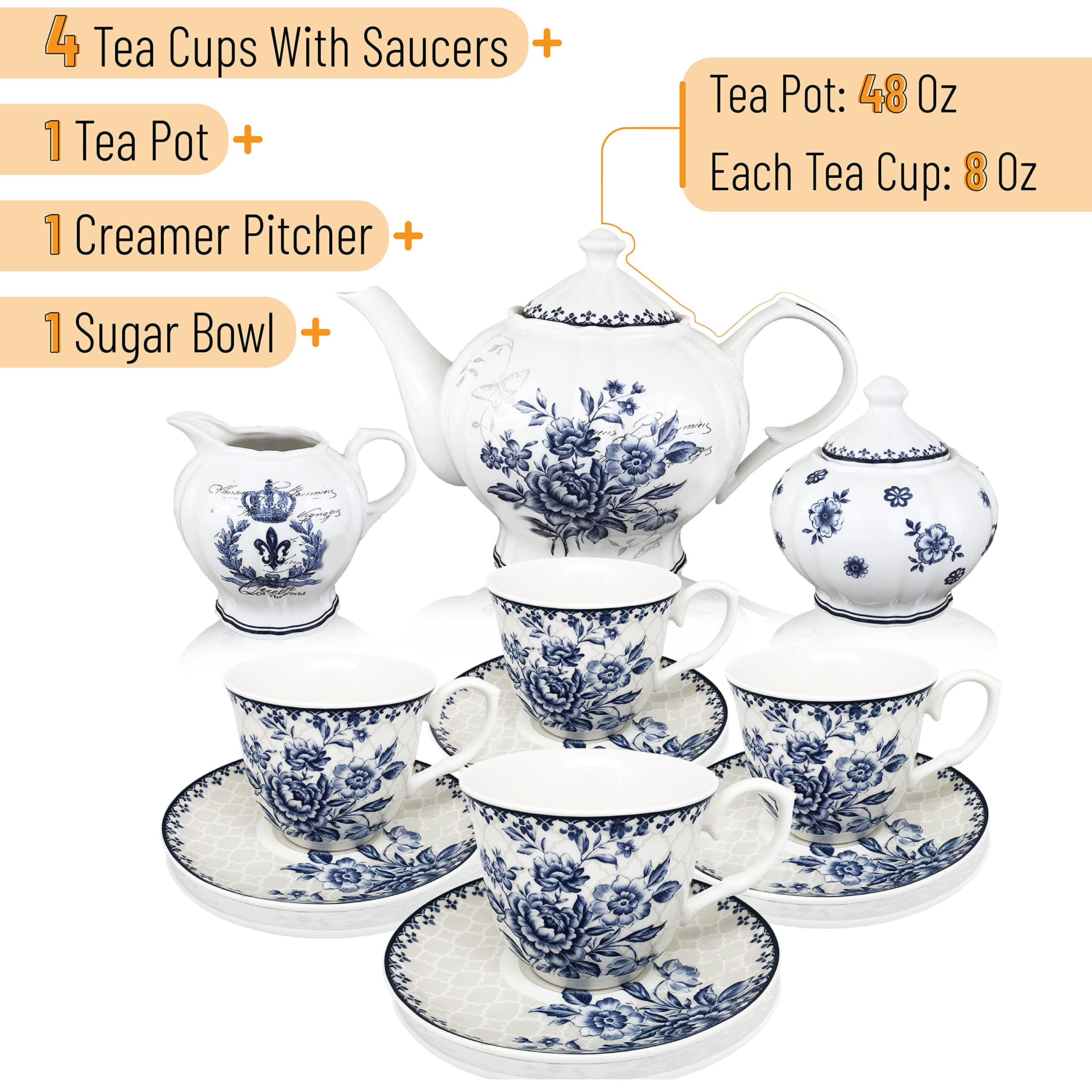 BTaT- Blue Dream Tea Set, Tea cups (8oz), Tea Pot (48oz), Creamer and Sugar Set, Gift box, China Tea Set, Tea Service, Tea Cups and Saucer Set, Tea Set for Adults, Porcelain Tea Set