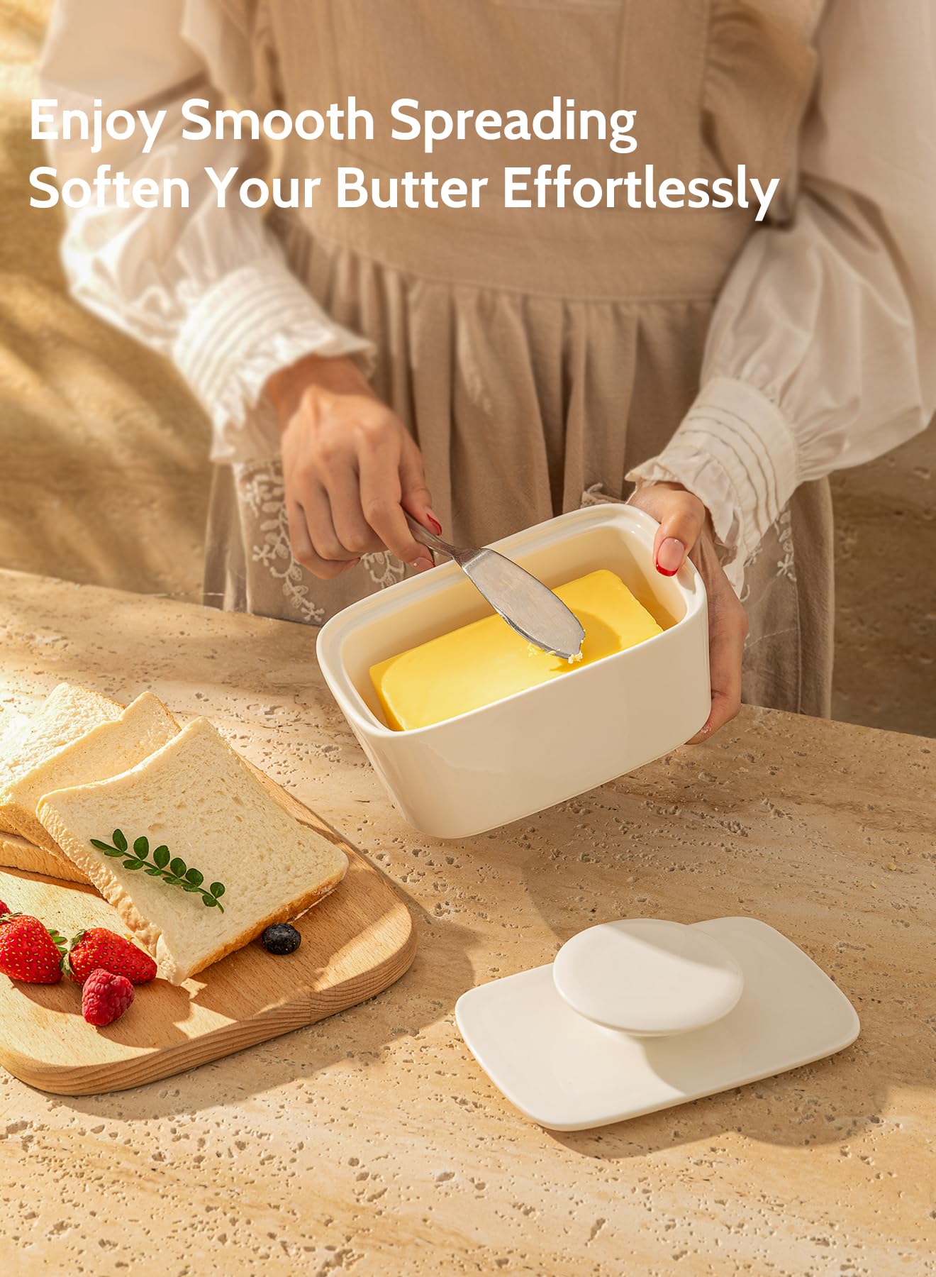 Sweese Large Butter Dish with Lid, Porcelain Butter Keeper Container - Perfect for East Coast, West Coast Butter and Kerrygold Butter, Butter Crock with Lid, Gift - White