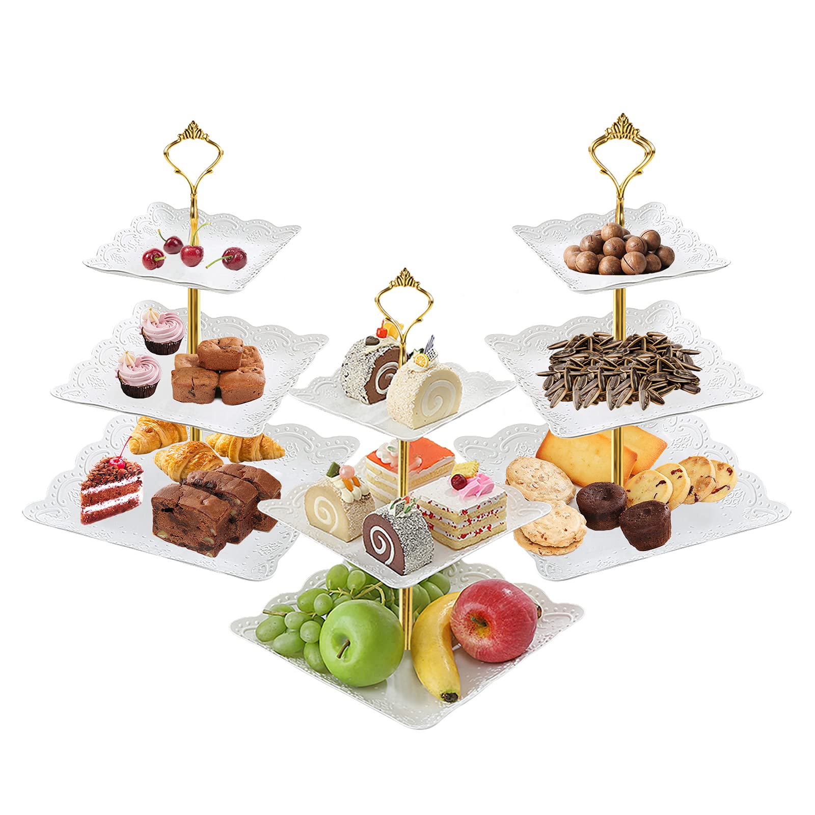 MOTOOLER 3Pcs White Square 3 Tiered Cake Stands, 3 Tier Serving Tray Cupcake Holder Dessert Stand Fruit Candy Display Table Decorations for Home Party Birthday Tea Party Baby Shower