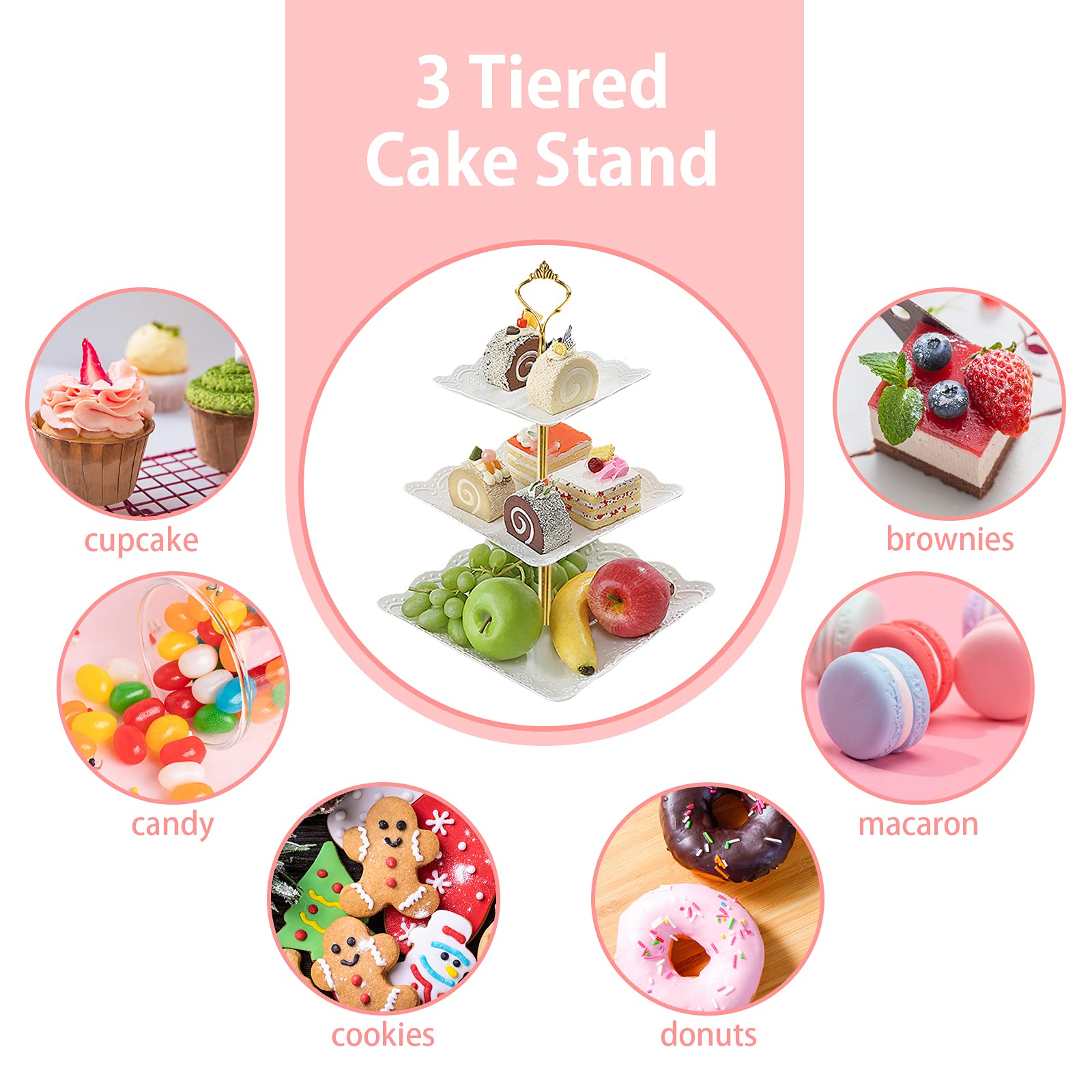 MOTOOLER 3Pcs White Square 3 Tiered Cake Stands, 3 Tier Serving Tray Cupcake Holder Dessert Stand Fruit Candy Display Table Decorations for Home Party Birthday Tea Party Baby Shower