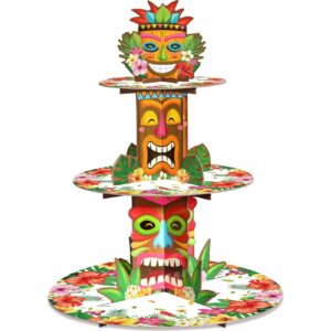 hawaiian cupcake stand luau party decorations 3 tier tiki cupcake stand aloha cake holder tropical cupcake tower dessert stand for summer beach pool hawaiian birthday party decorations supplies