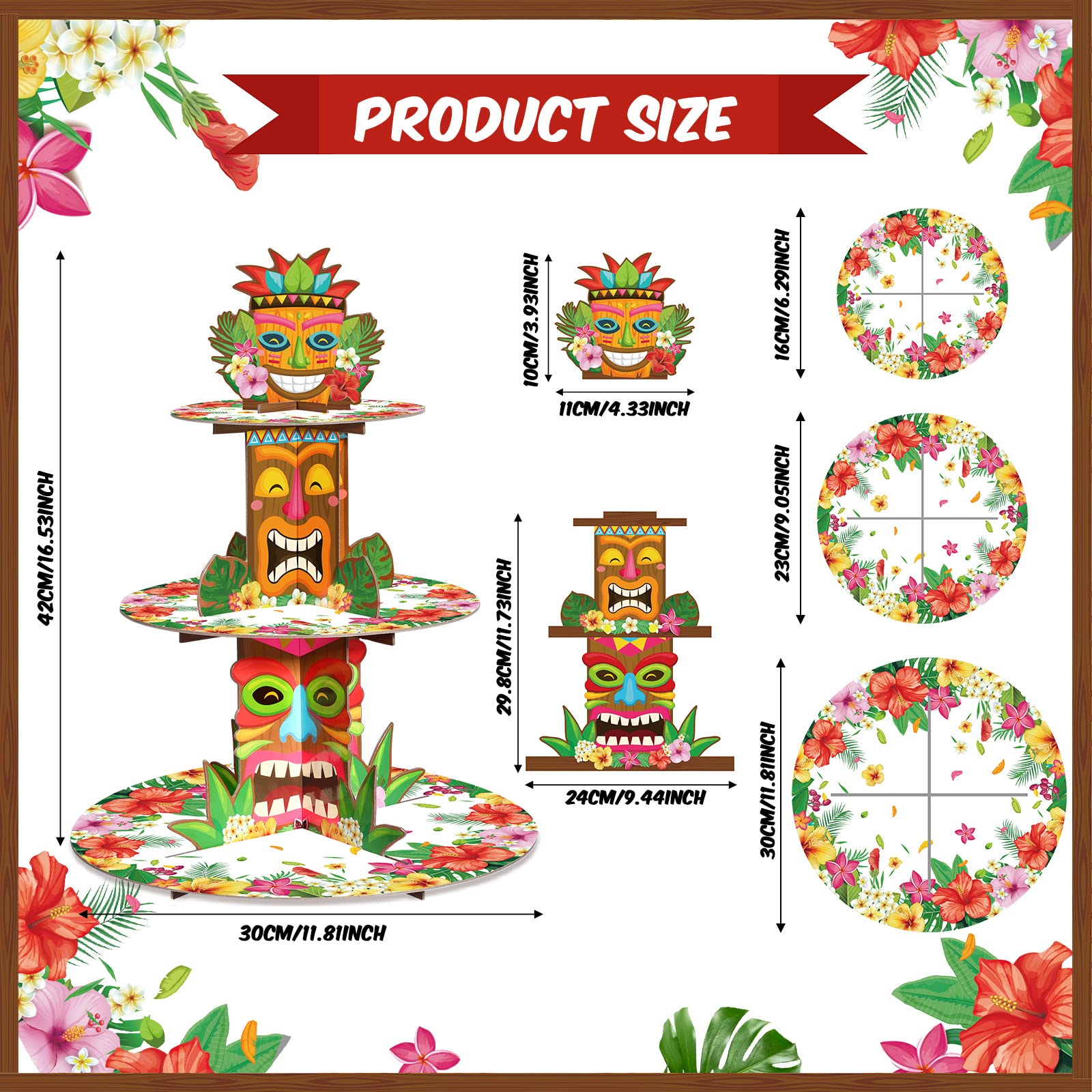 Hawaiian Cupcake Stand Luau Party Decorations 3 Tier Tiki Cupcake Stand Aloha Cake Holder Tropical Cupcake Tower Dessert Stand for Summer Beach Pool Hawaiian Birthday Party Decorations Supplies