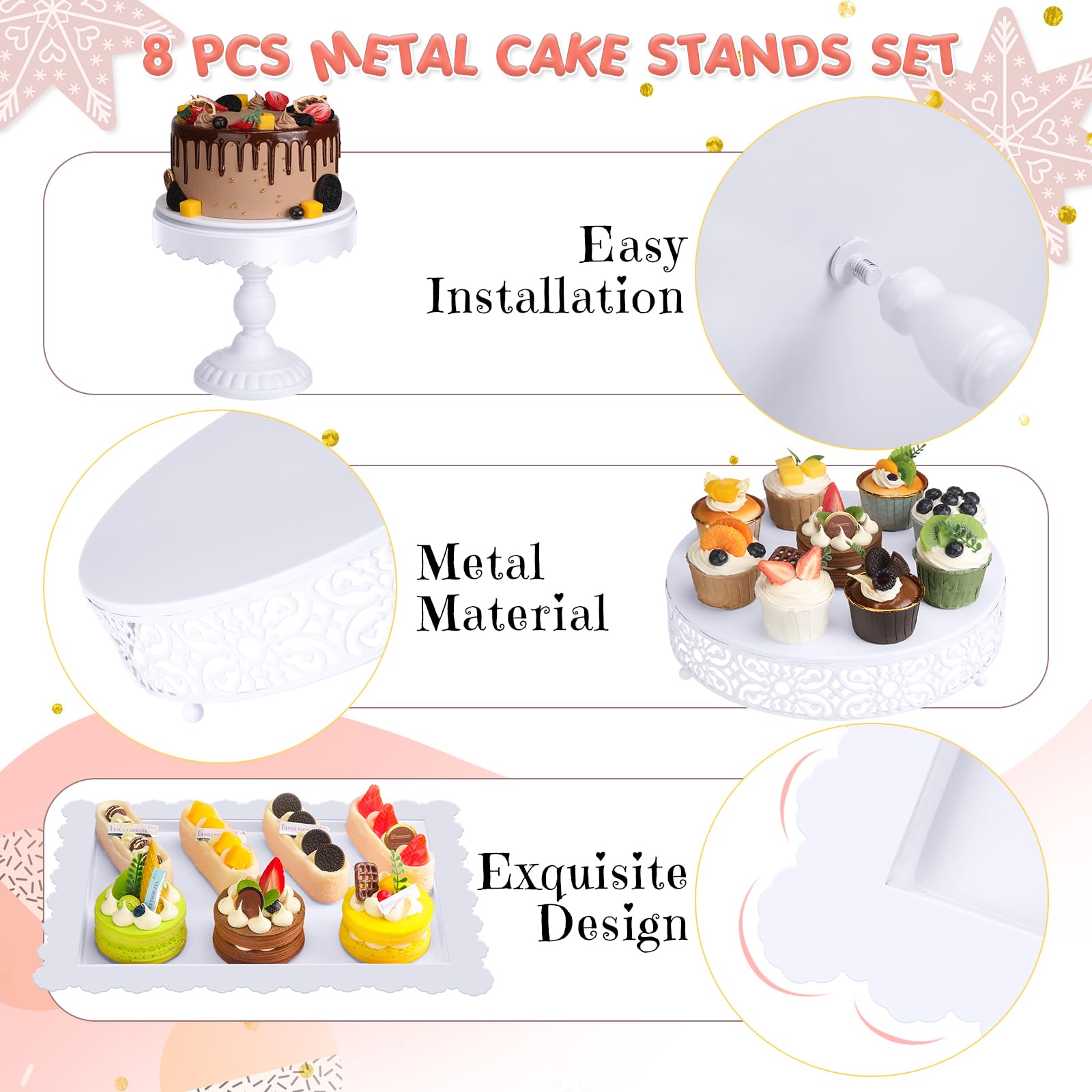 8 Pcs Cake Stands Set Metal Dessert Table Display Tiered Cupcake Holder Candy Donut Fruit Plate Cake Serving Tray Candlestick Display Treats Serving Tower for Wedding Birthday Party Decor (White)